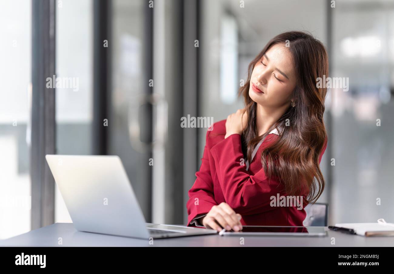 Tired fatigued business woman office worker feeling pain chronic ...