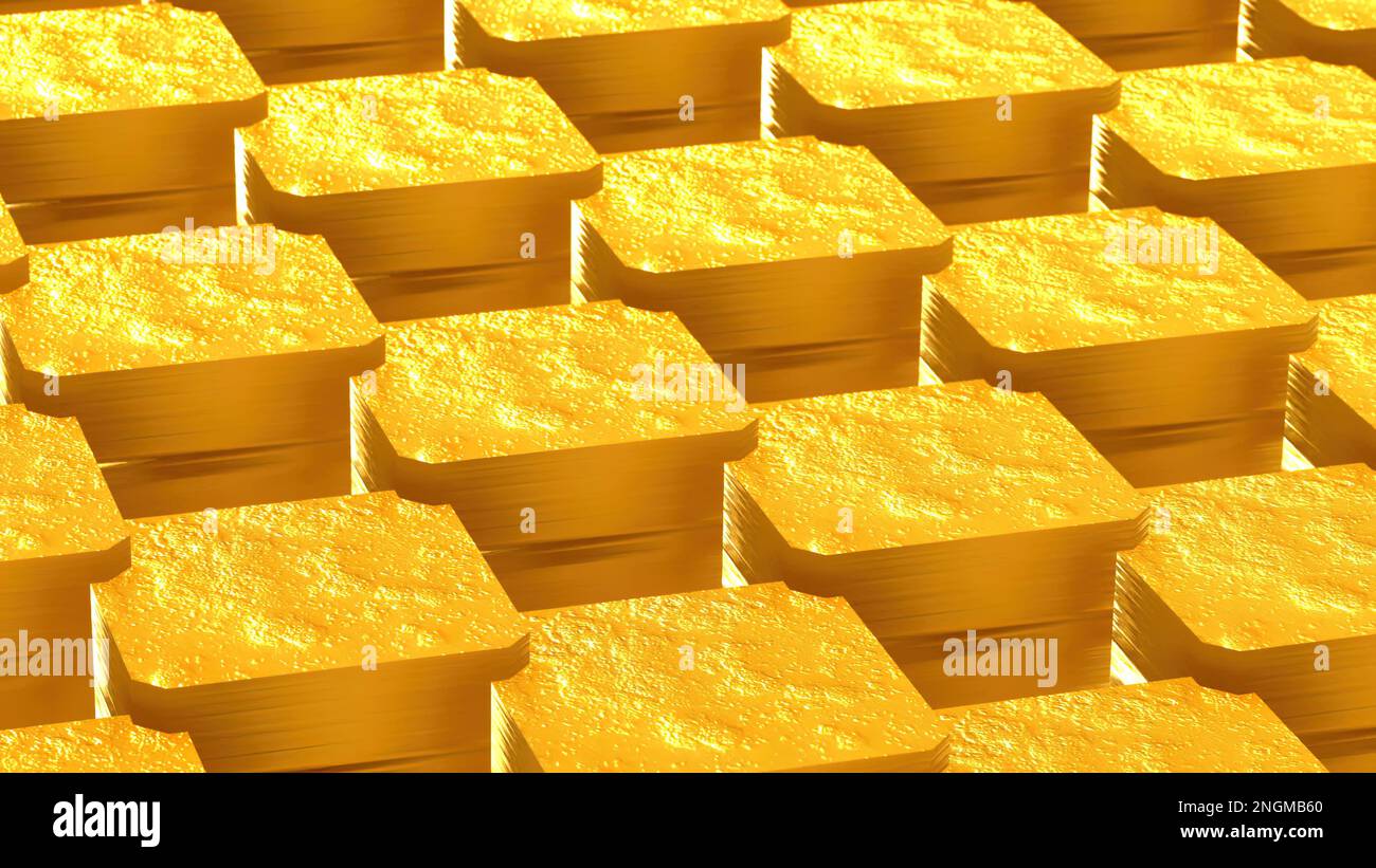 Abstract pattern, field of gold rectangular bars made of metal, rough ...