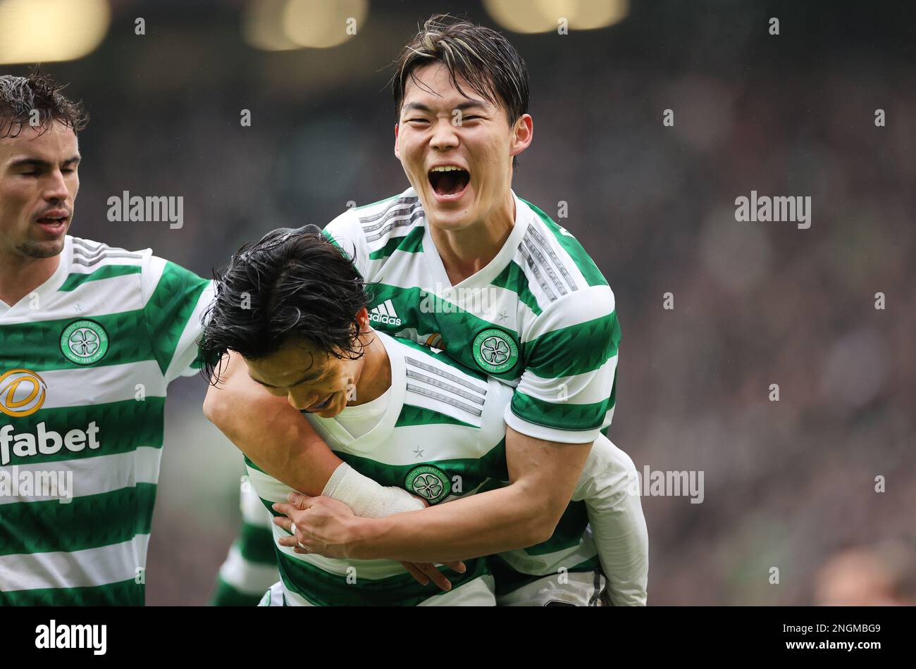 Celtic's Reo Hatate celebrates his teams 2nd goal with Hyeongyu Oh ...