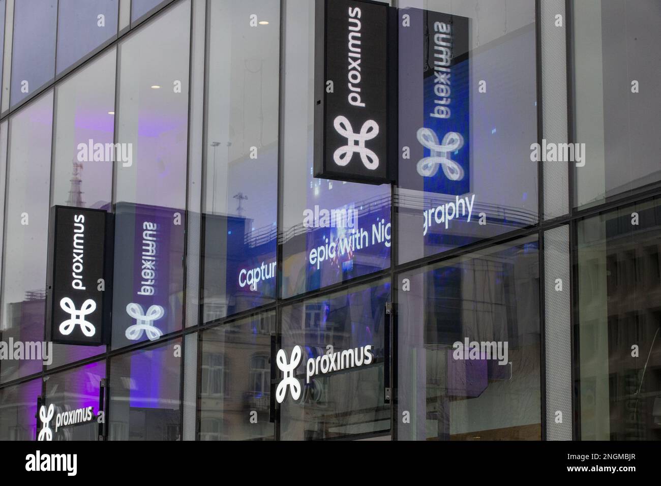 Illustration picture shows the logo of Proximus on a shop in the Rue ...