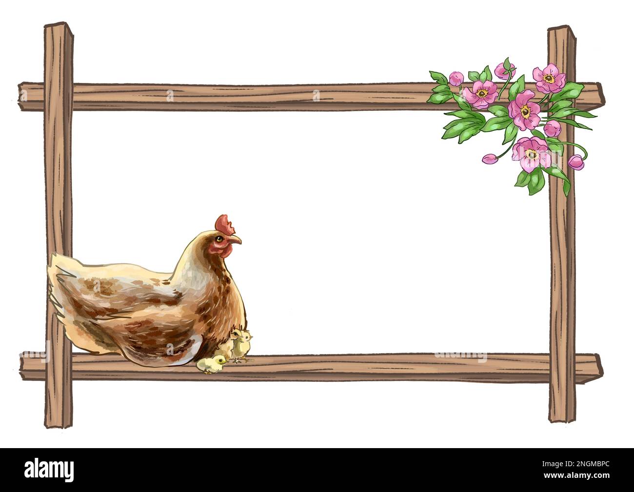 Wooden frame with farm chickens. High quality illustration Stock Photo ...