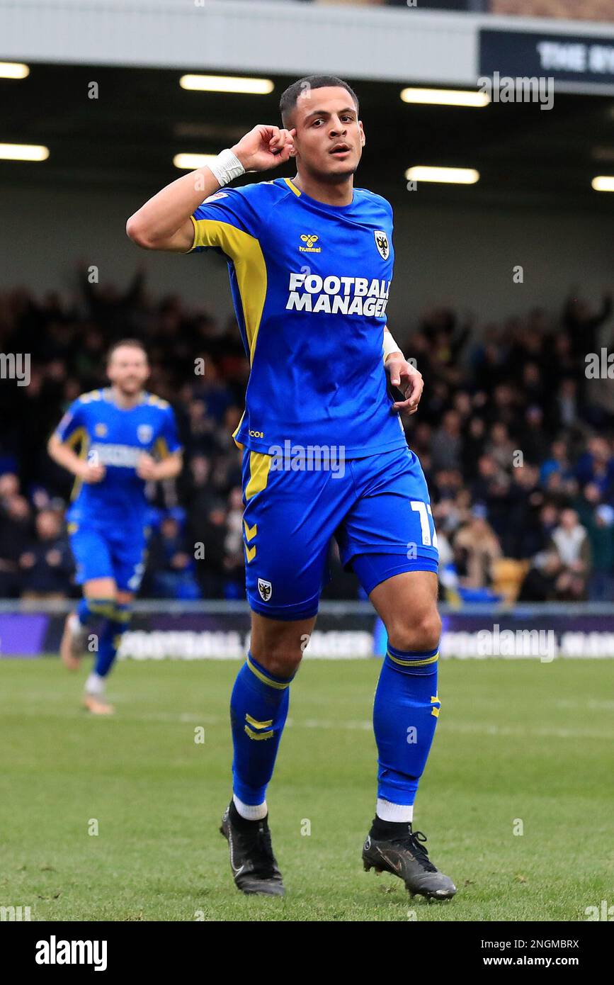London, UK. 18th Feb, 2023. GOAL: Ali Al-Hamadi of AFC Wimbledon ...