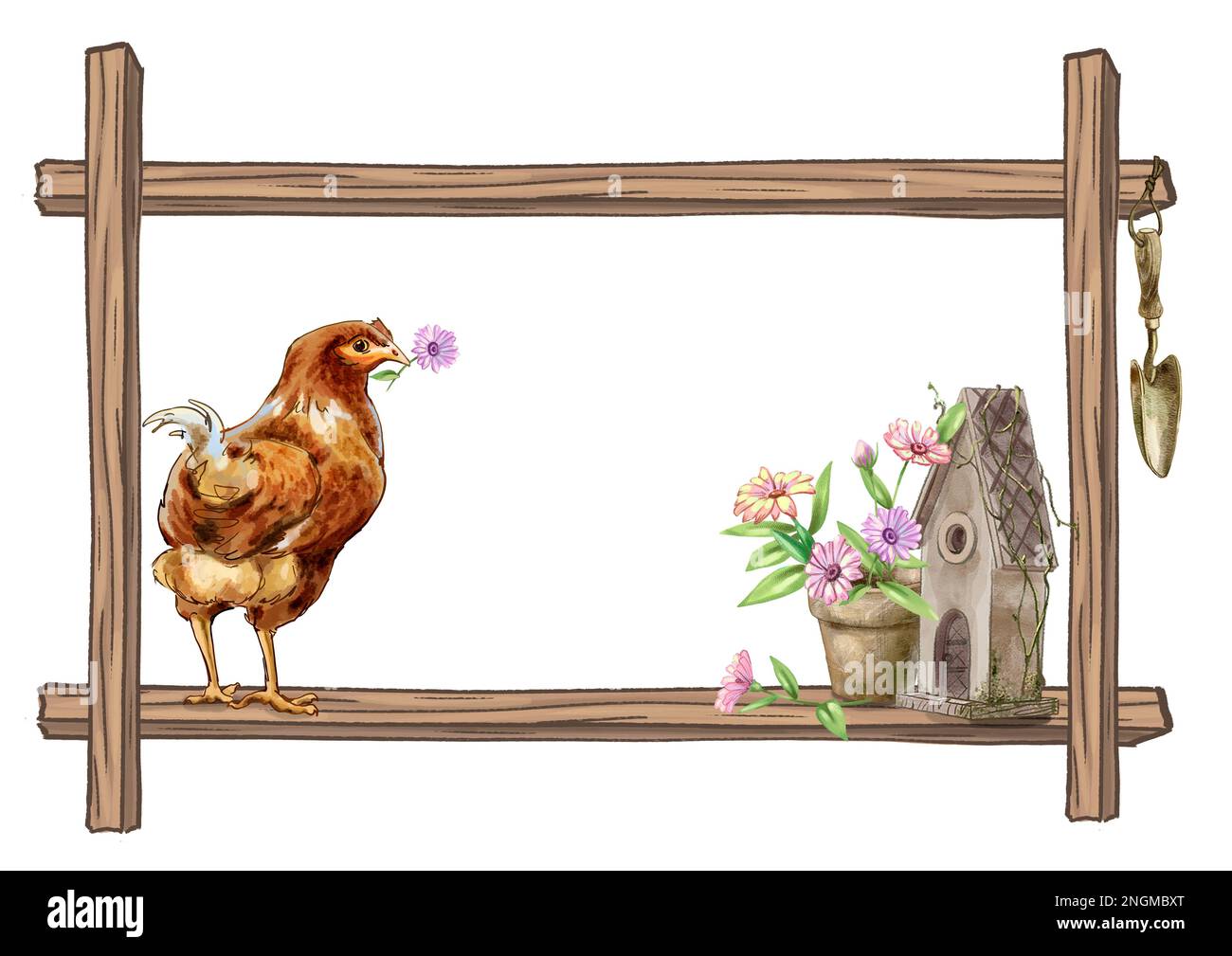 Wooden frame with farm chickens. High quality illustration Stock Photo ...