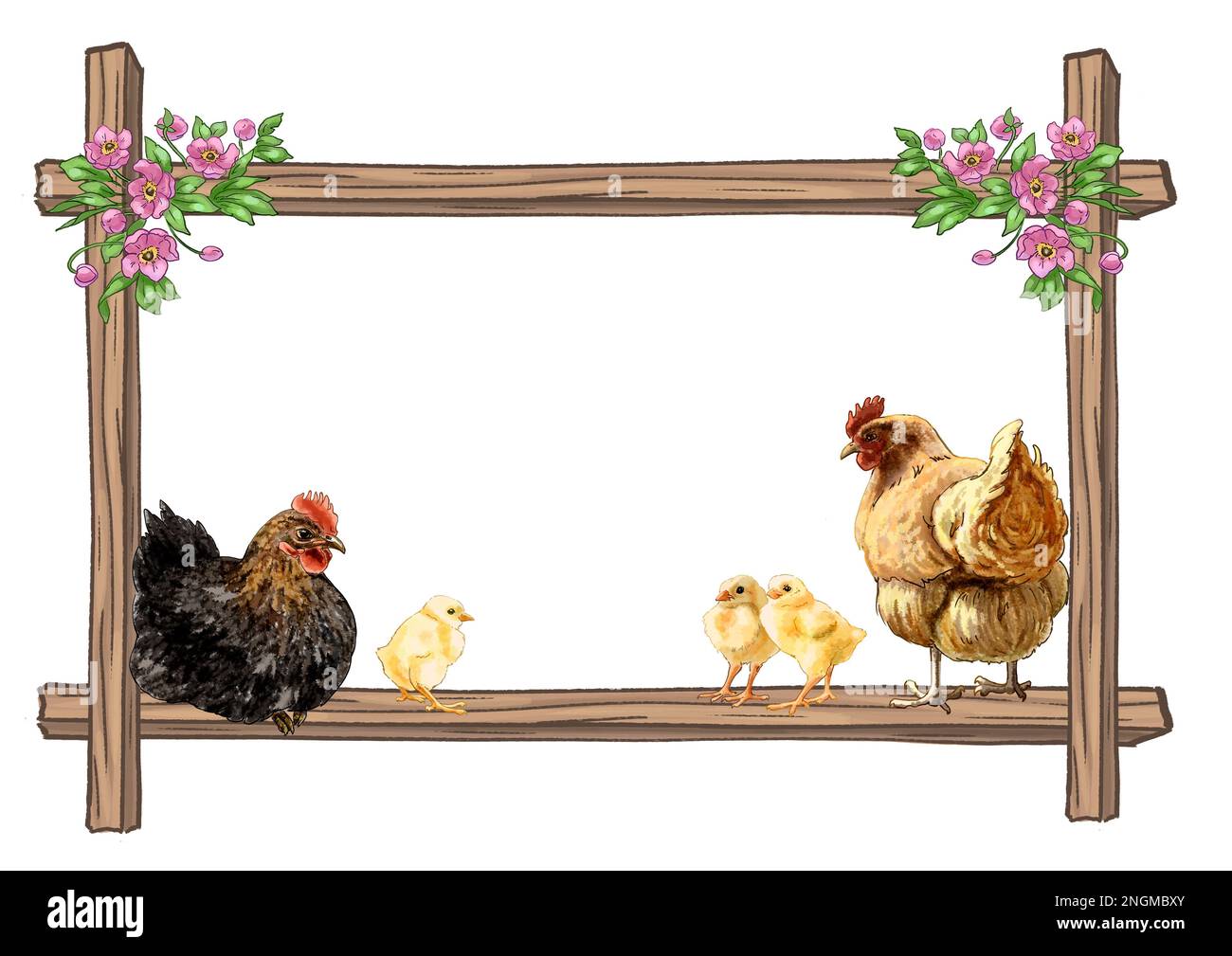 Wooden frame with farm chickens. High quality illustration Stock Photo ...