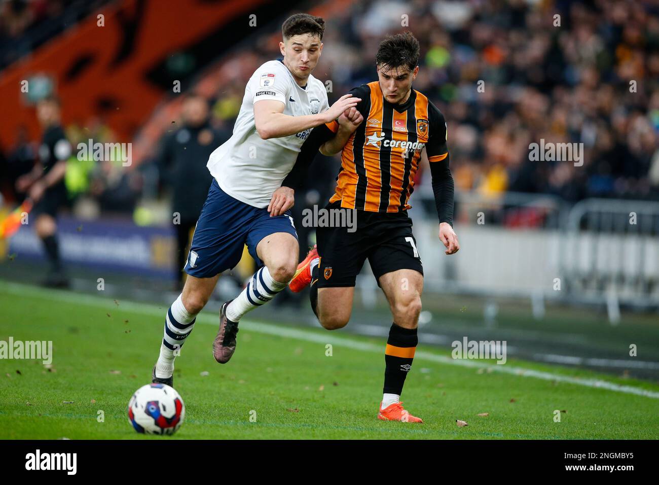 Ryan Longman #16 of Hull City and Jordan Storey #14 of Preston North ...