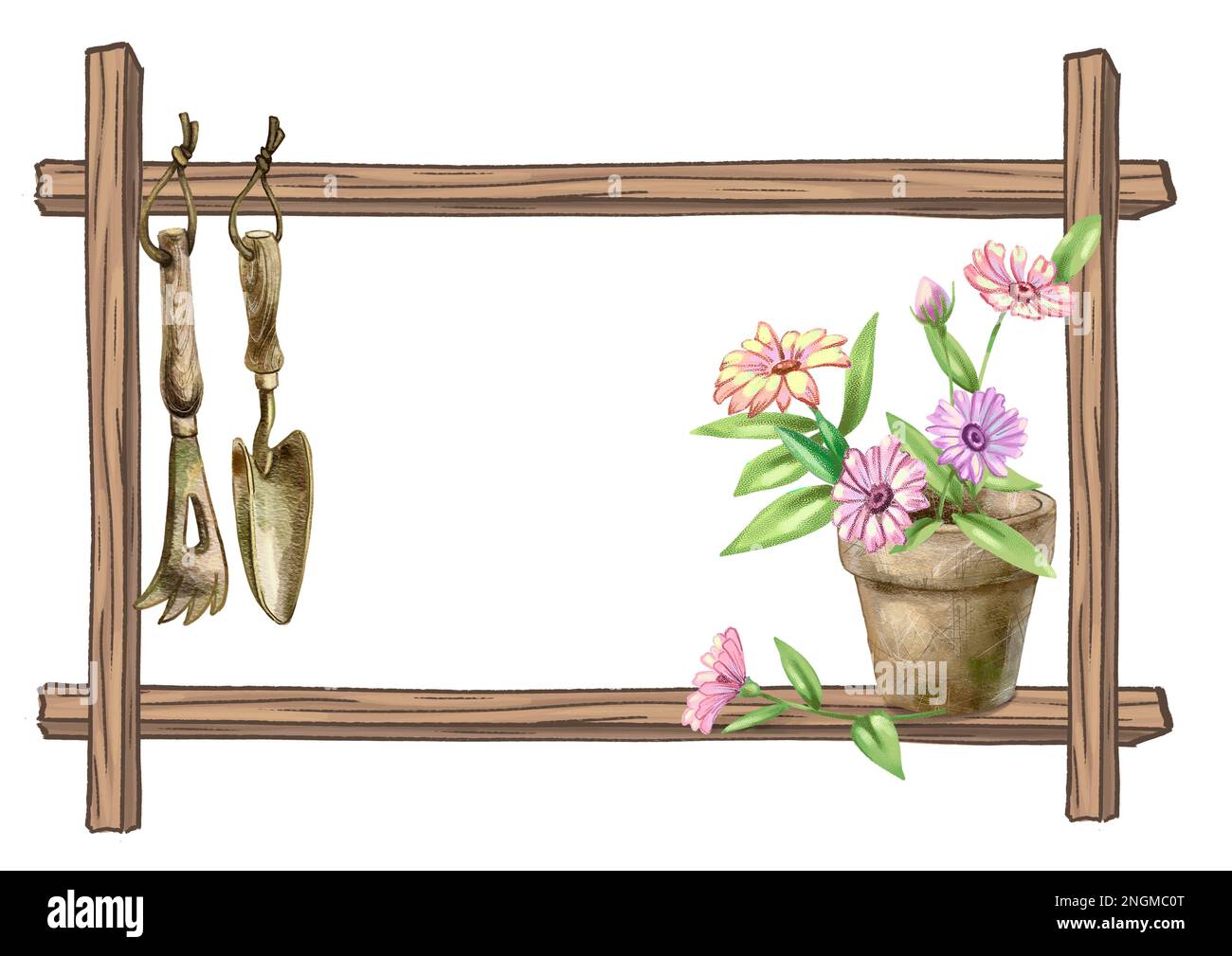 Wooden frame with decor flowers and garden tools. High quality ...