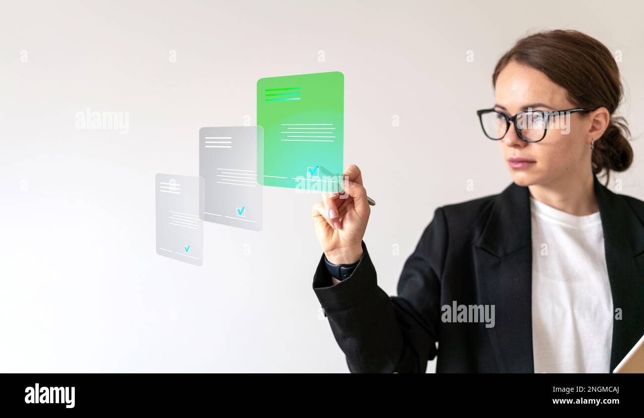 Woman business person approving signing virtual documents, e-signing ...