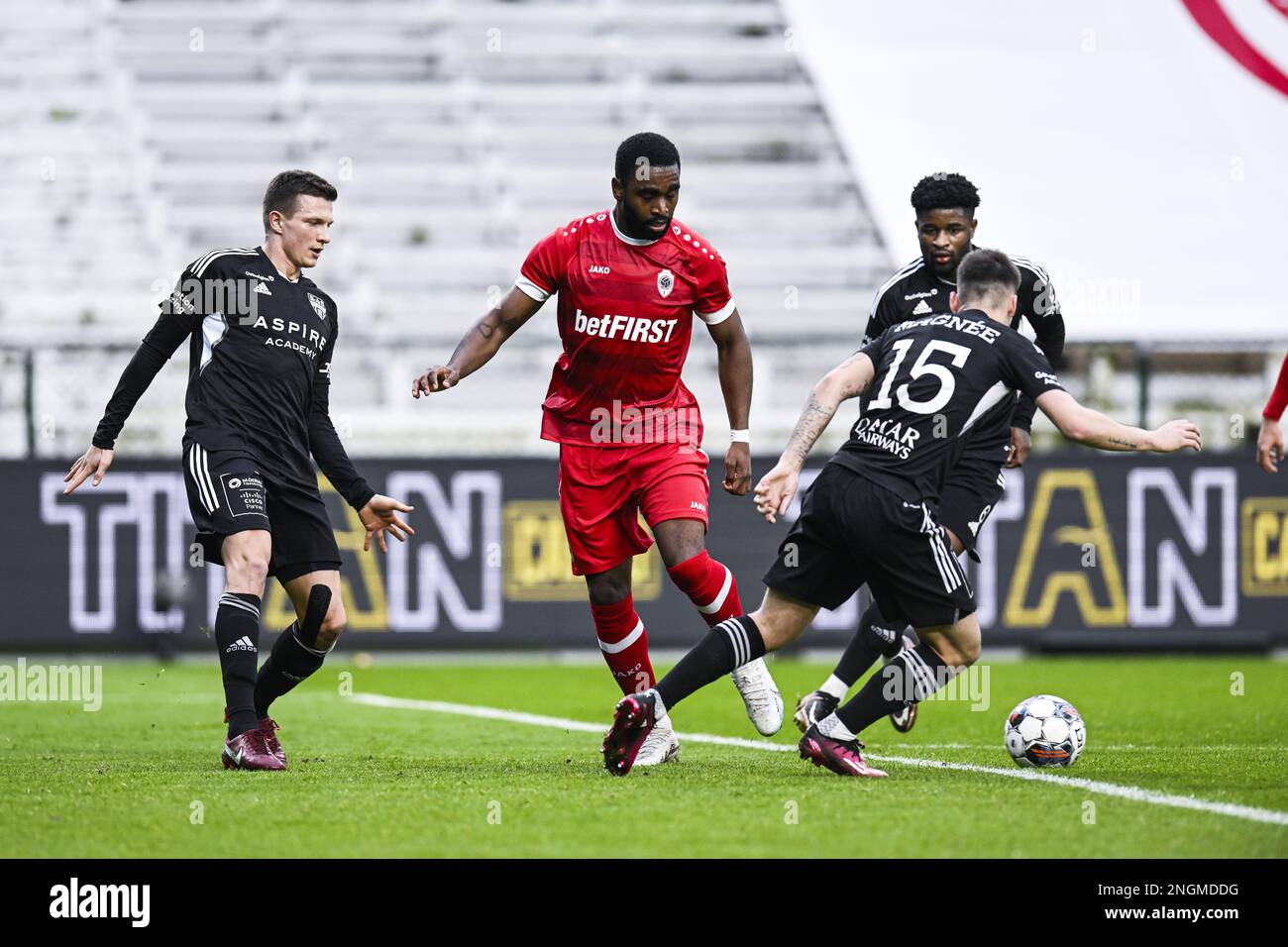 Eupen's Aleksander Filin and Antwerp's Gyrano Kerk pictured in action ...