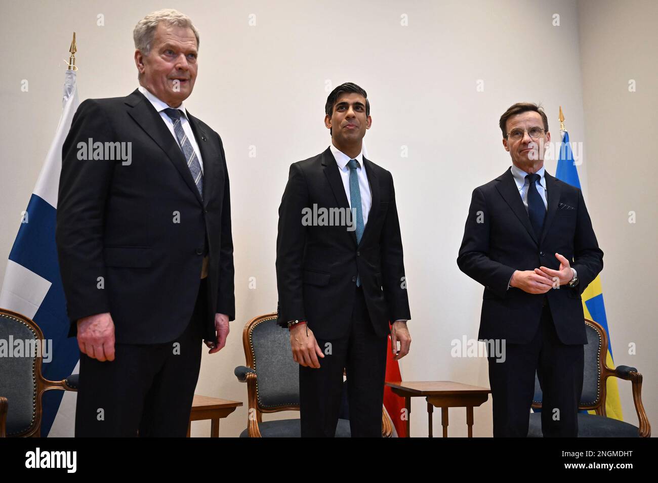 (left to right) Finland's President Sauli Niinisto, Prime Minister Rishi Sunak and Sweden's ...