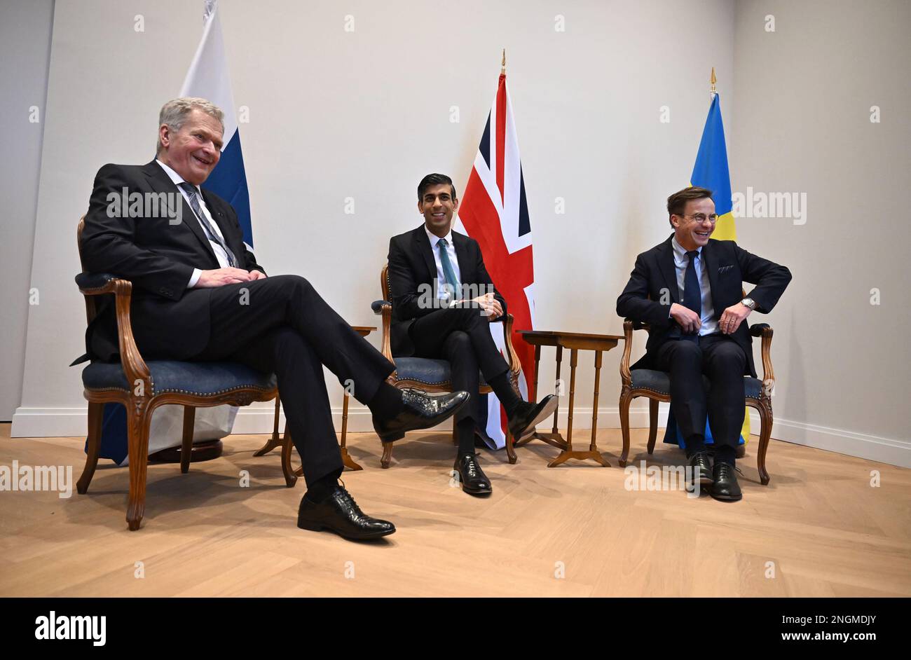 (left to right) Finland's President Sauli Niinisto, Prime Minister Rishi Sunak and Sweden's ...