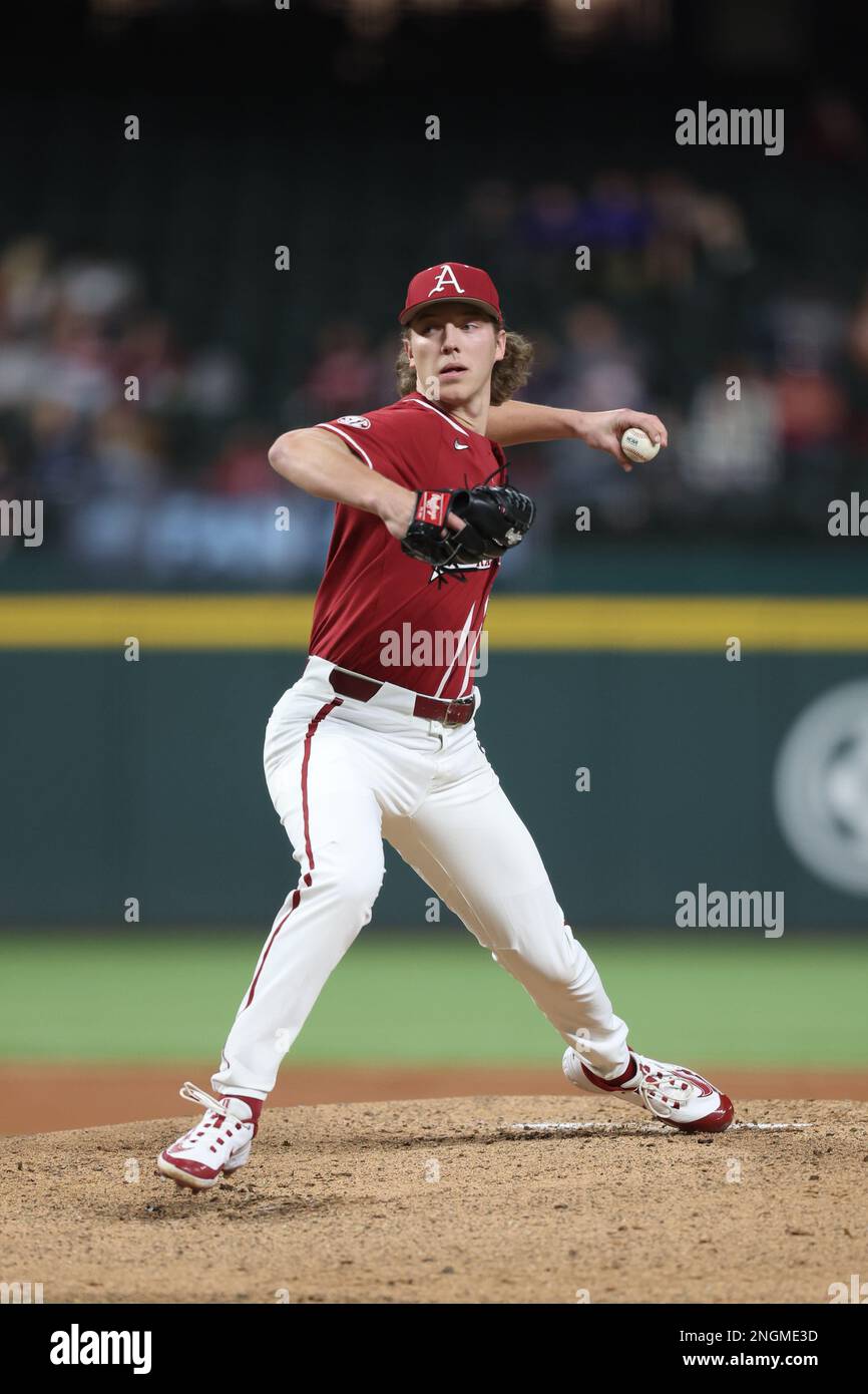 February 17, 2023: Razorback pitcher Hagen Smith #33 works from the ...