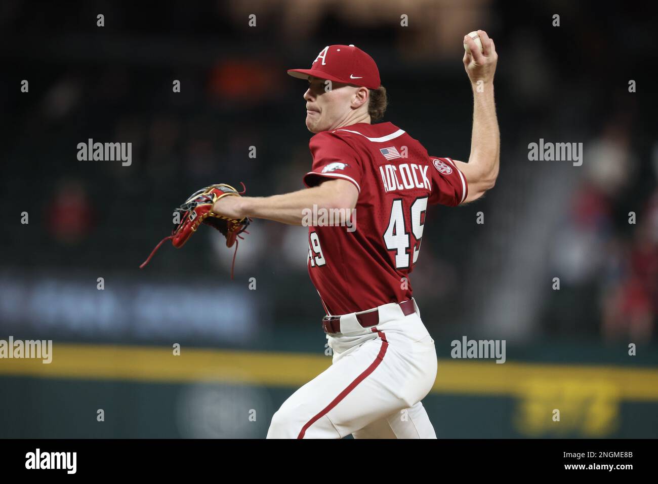 February 17 2023 Razorback Pitcher Cody Adcock 49 Delivers A Pitch From The Mound Arkansas