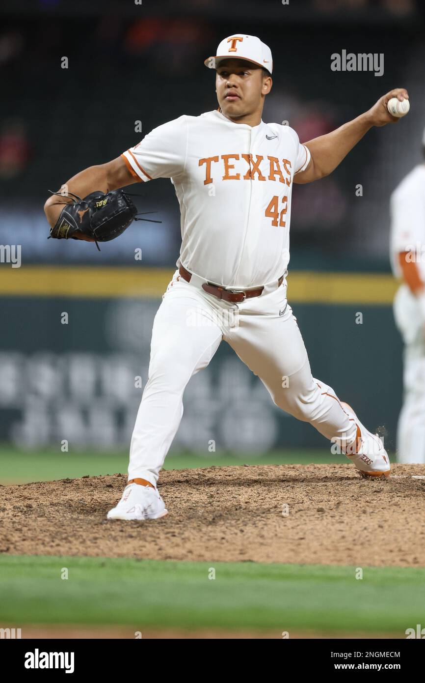 February 17, 2023: Chris Stuart #42 Texas pitcher works from the mound. Arkansas defeated Texas ...