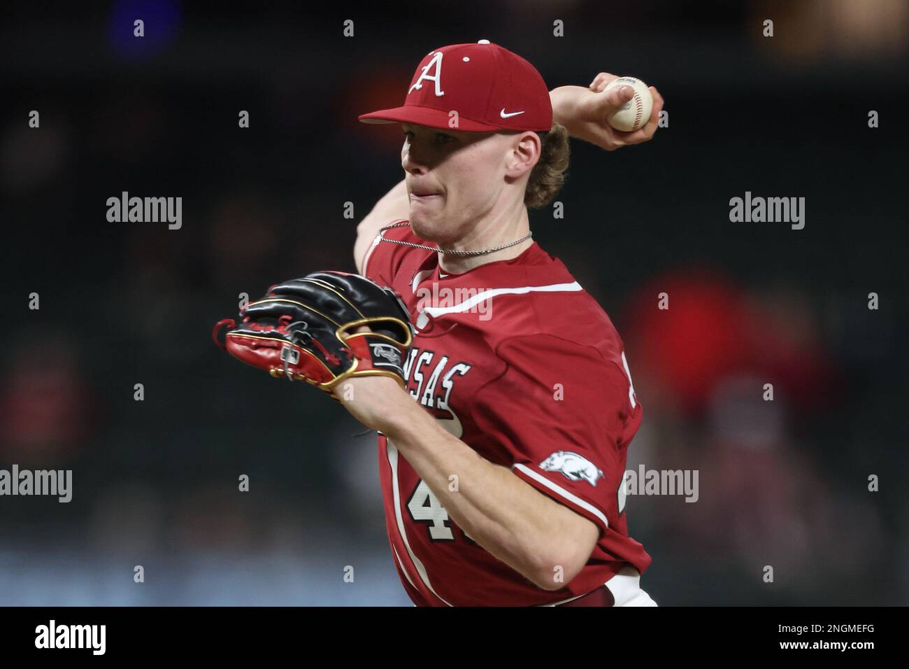 February 17, 2023: Razorback pitcher Cody Adcock #49 delivers a pitch ...