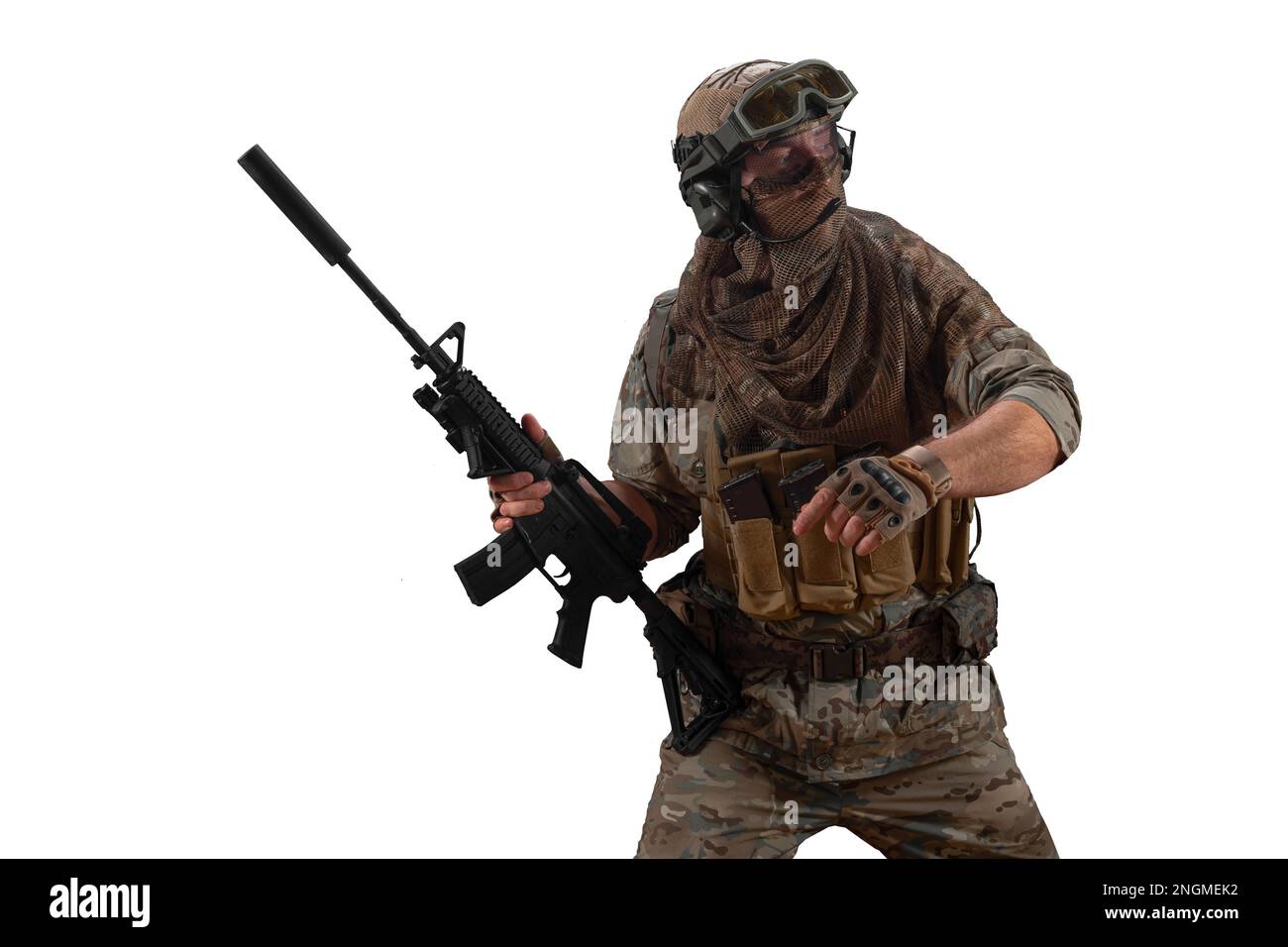 Cropped photo mercenary soldier walks with an automatic rifle in his ...