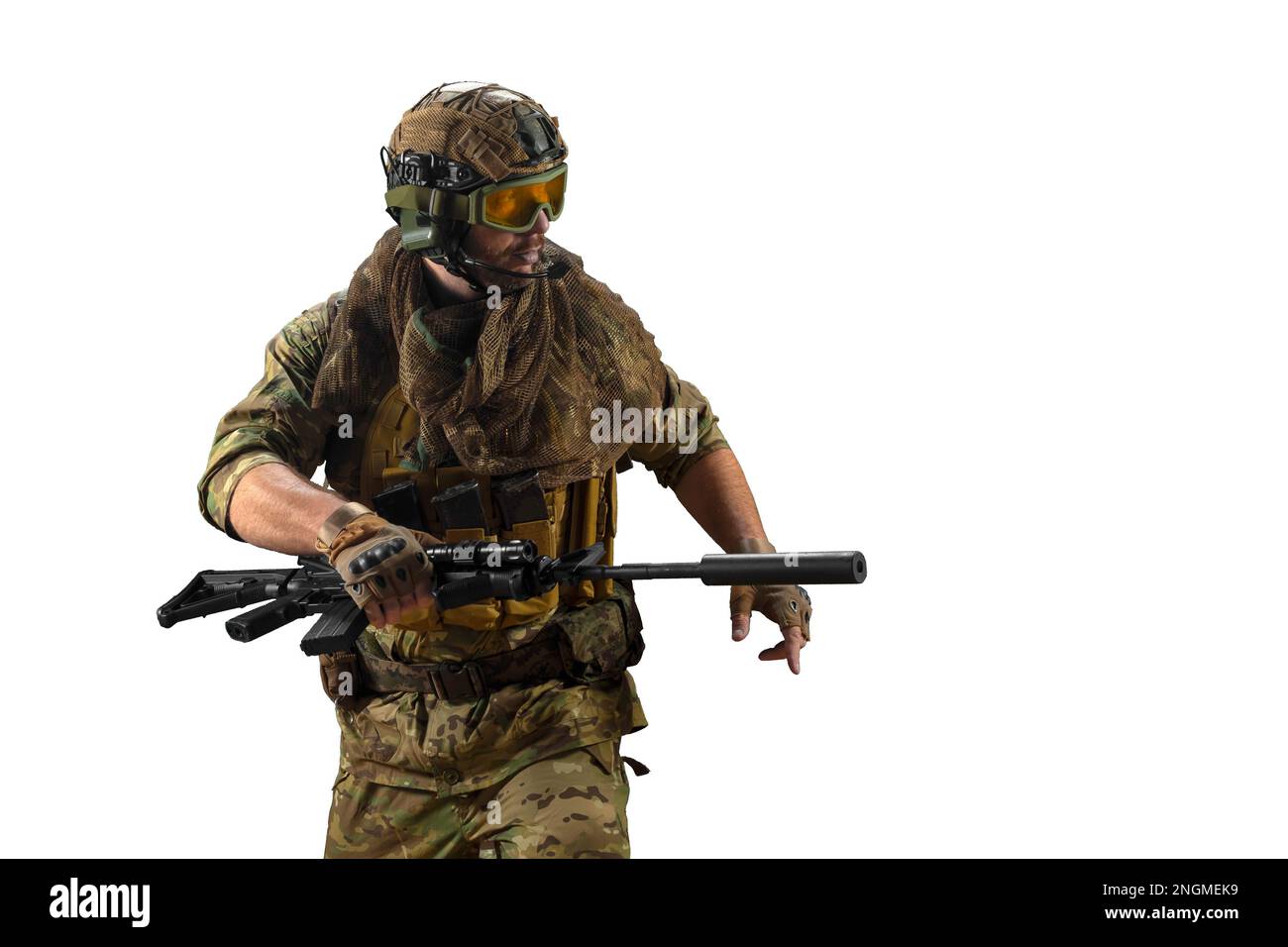 Special forces fighter, during a special operation walks with an ...