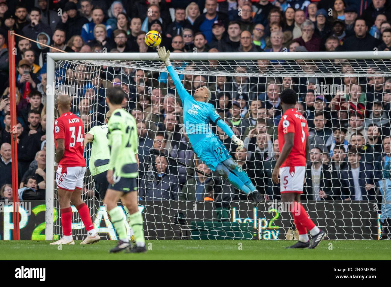 Keylor Navas #12 of Nottingham Forest makes a great finger tip save ...