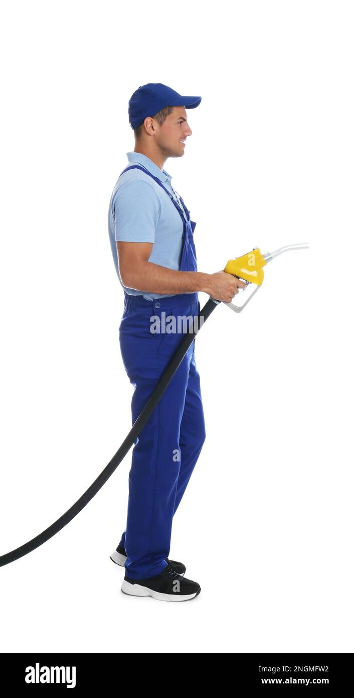 Gas station worker with fuel nozzle on white background Stock Photo - Alamy