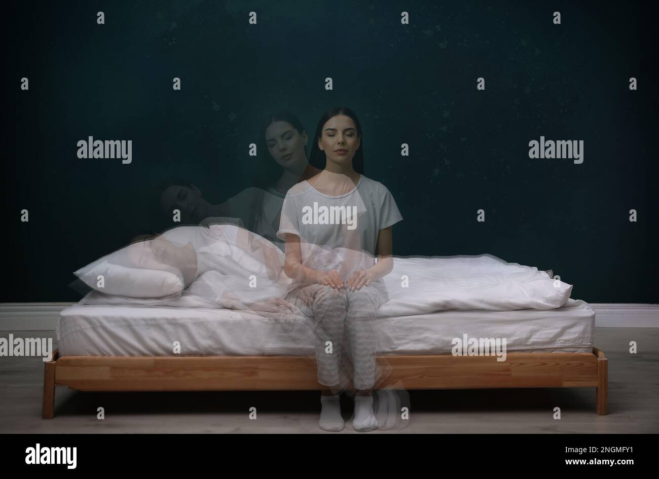 Somnambulist rising from bed dark wall indoors, multiple exposure ...