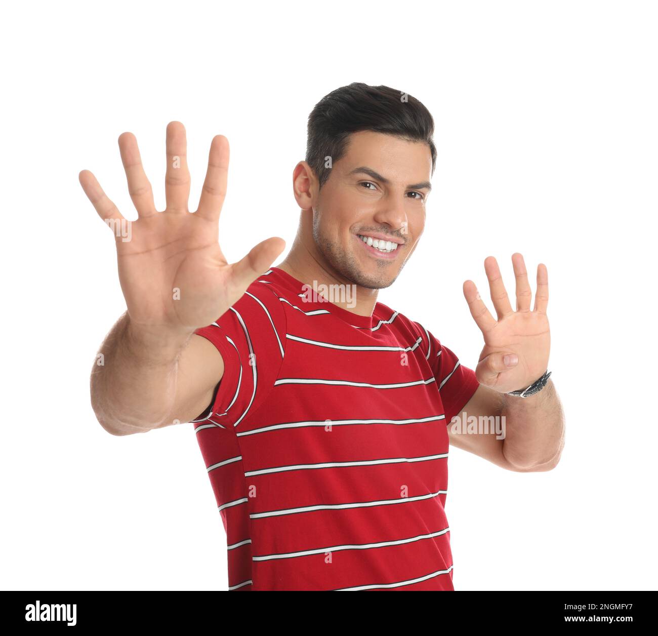 Man showing number nine with his hands on white background Stock Photo ...
