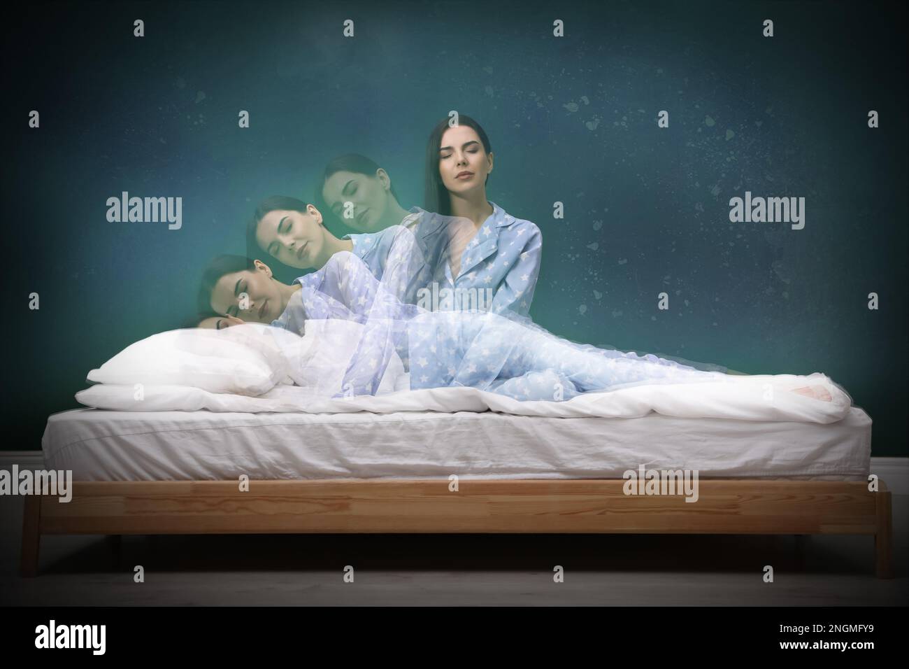 Somnambulist rising from bed near dark wall indoors, multiple exposure ...