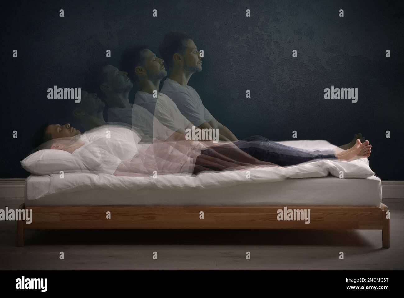 Somnambulist rising from bed near dark wall indoors, multiple exposure ...