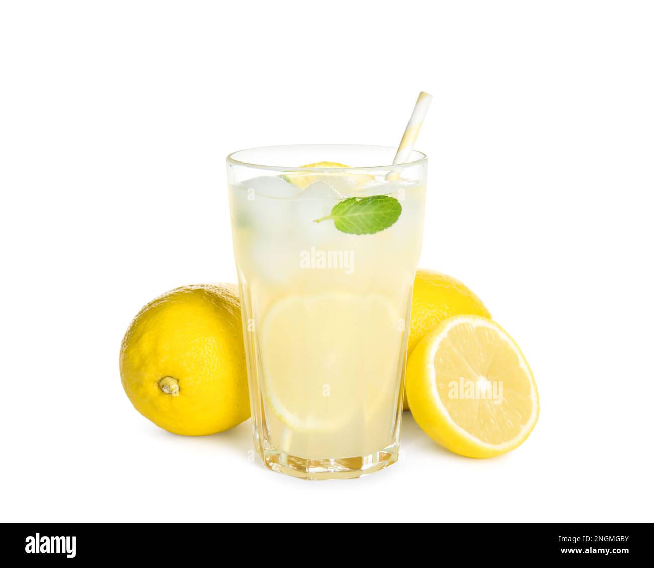 Cool freshly made lemonade and fruits on white background Stock Photo ...