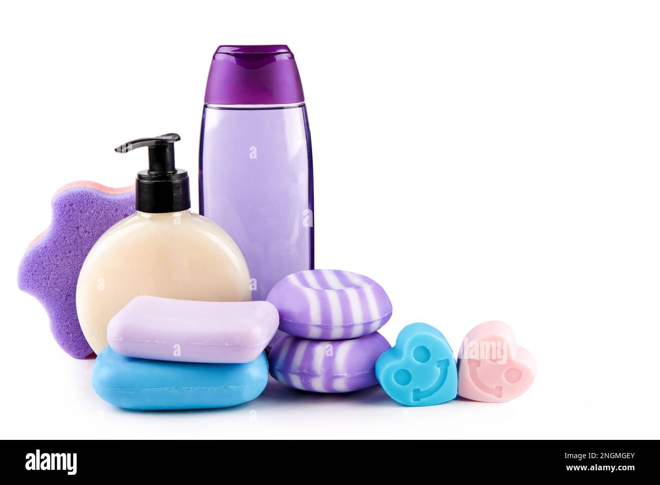 Shampoo and soap with lavender extract isolated on white background ...