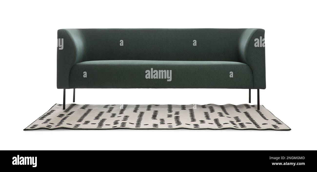 Comfortable green sofa and carpet white background. Furniture for ...