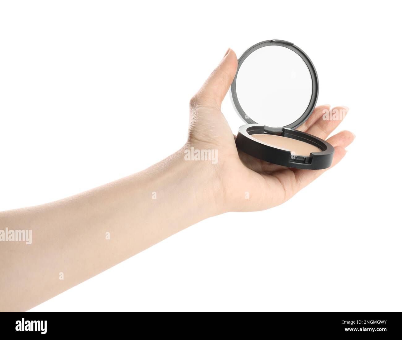 Woman holding black pocket powder with mirror on white background ...