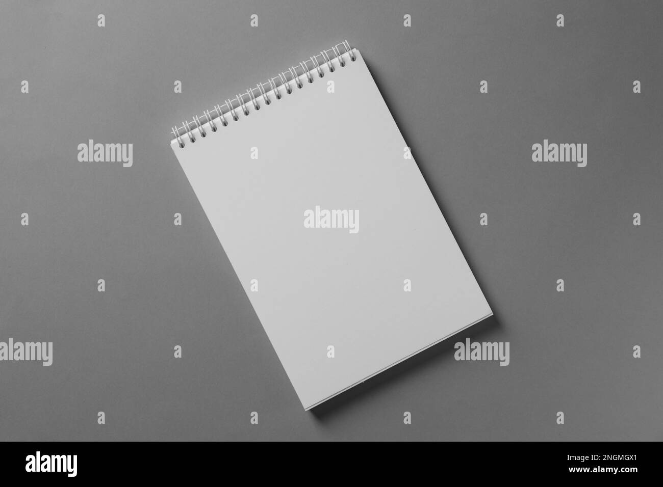 Blank notebook on light grey background, top view. Mockup for design ...