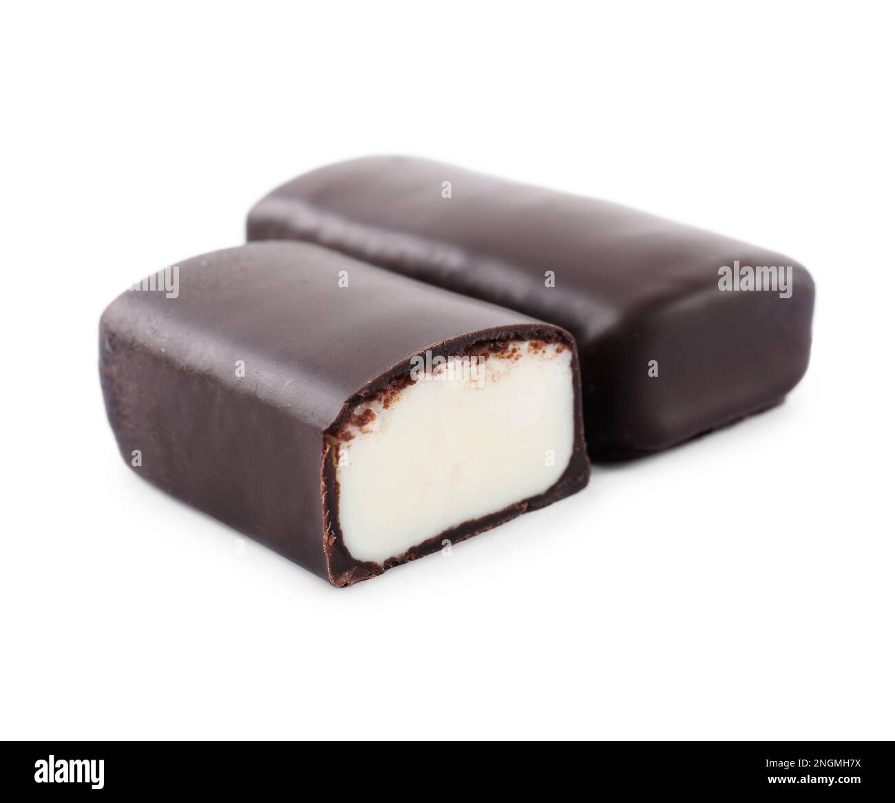 Delicious cut and whole glazed curd snacks on white background Stock ...