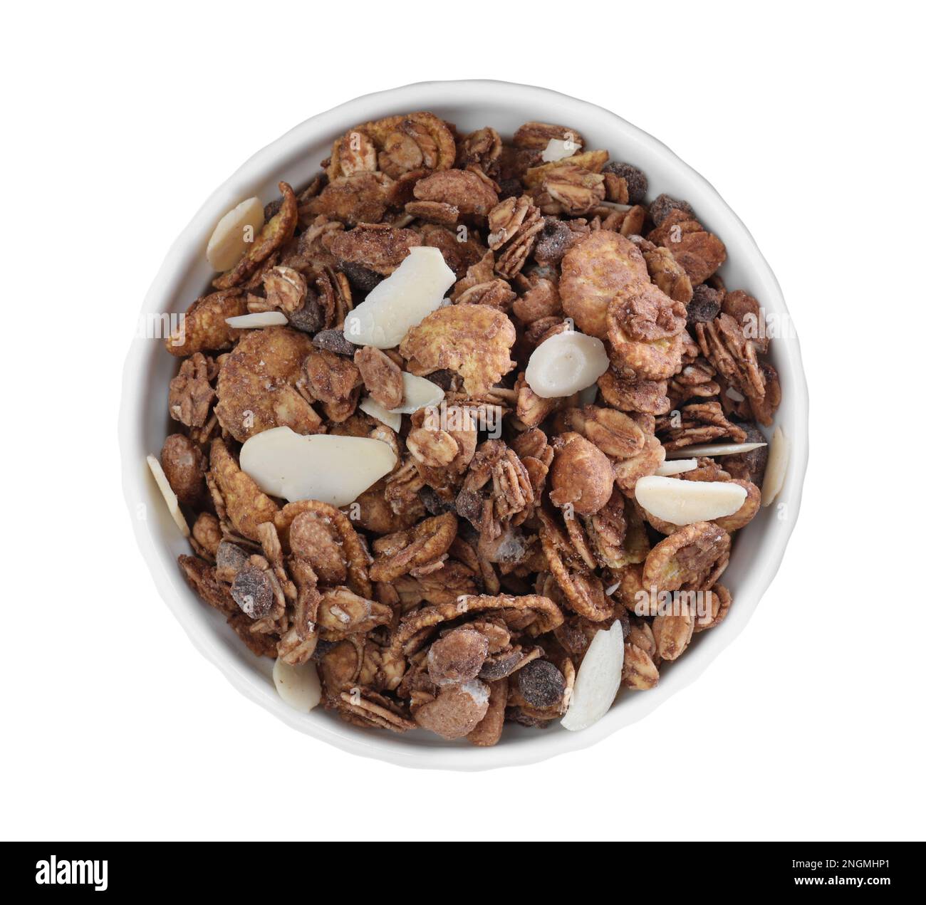 Granola in bowl on white background, top view. Healthy snack Stock ...