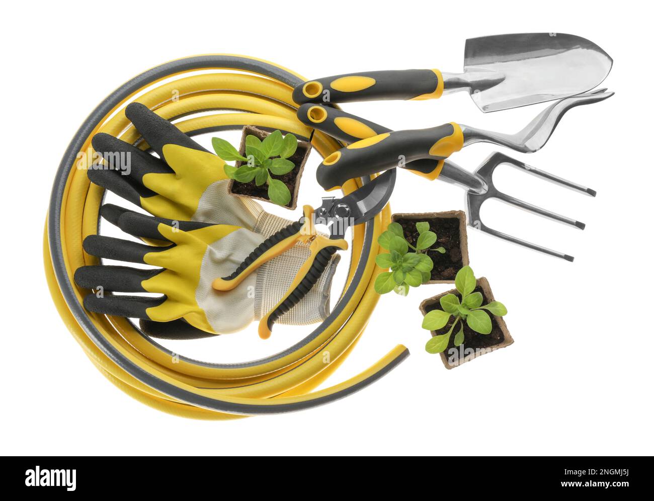 Different gardening tools on white background, top view Stock Photo - Alamy