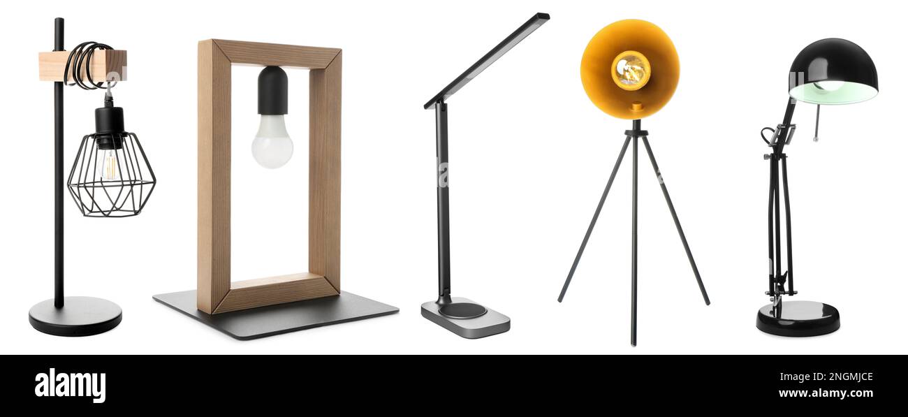 Set with different stylish table lamps on white background. Banner ...