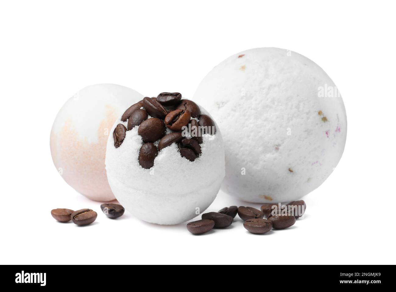 Fragrant bath bombs and coffee beans on white background Stock Photo ...