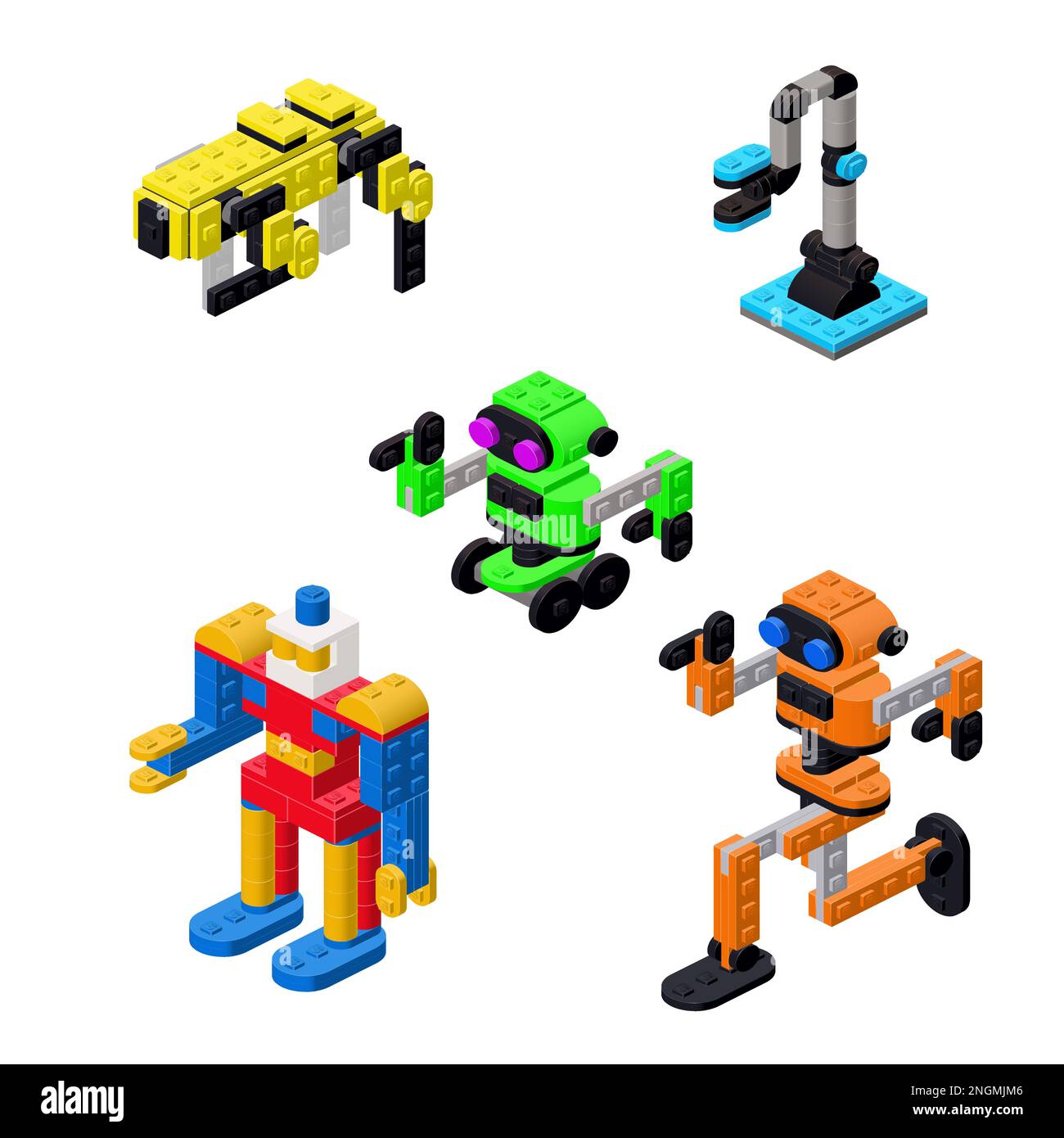 Set of robots assembled from plastic blocks in isometric style for printing and decoration ...