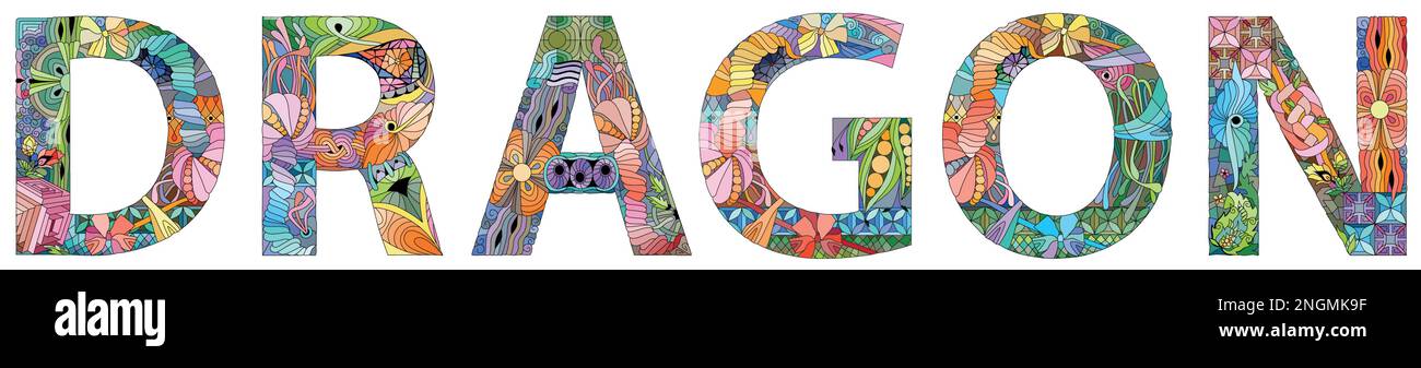 Hand-painted art design. Hand drawn illustration word DRAGON for t ...