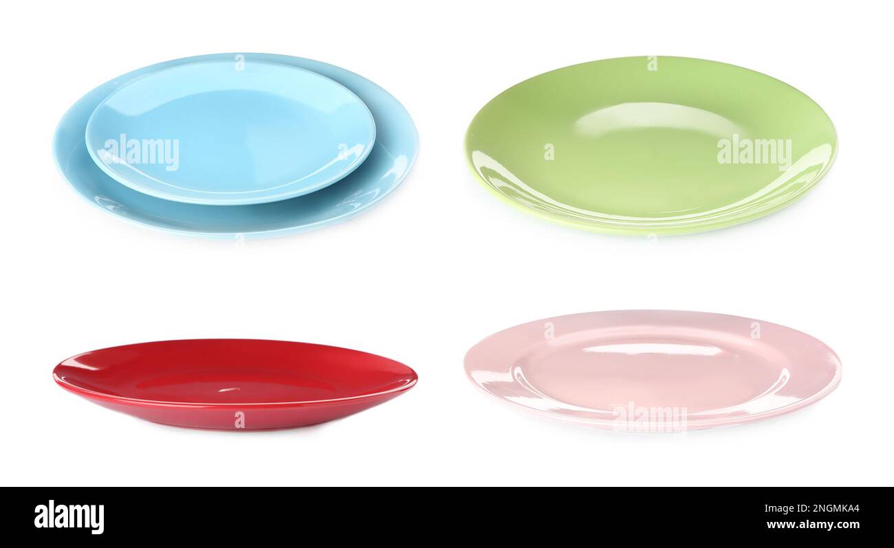 Set with colorful ceramic plates on white background. Banner design ...