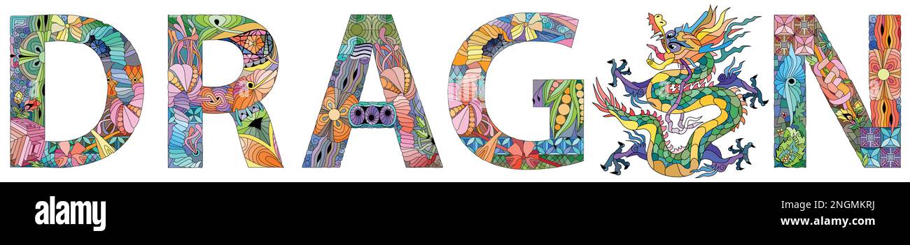 Hand-painted art design. Hand drawn illustration word DRAGON for t ...