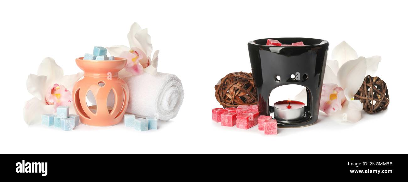 Different stylish aroma lamps with essential wax cubes on white ...