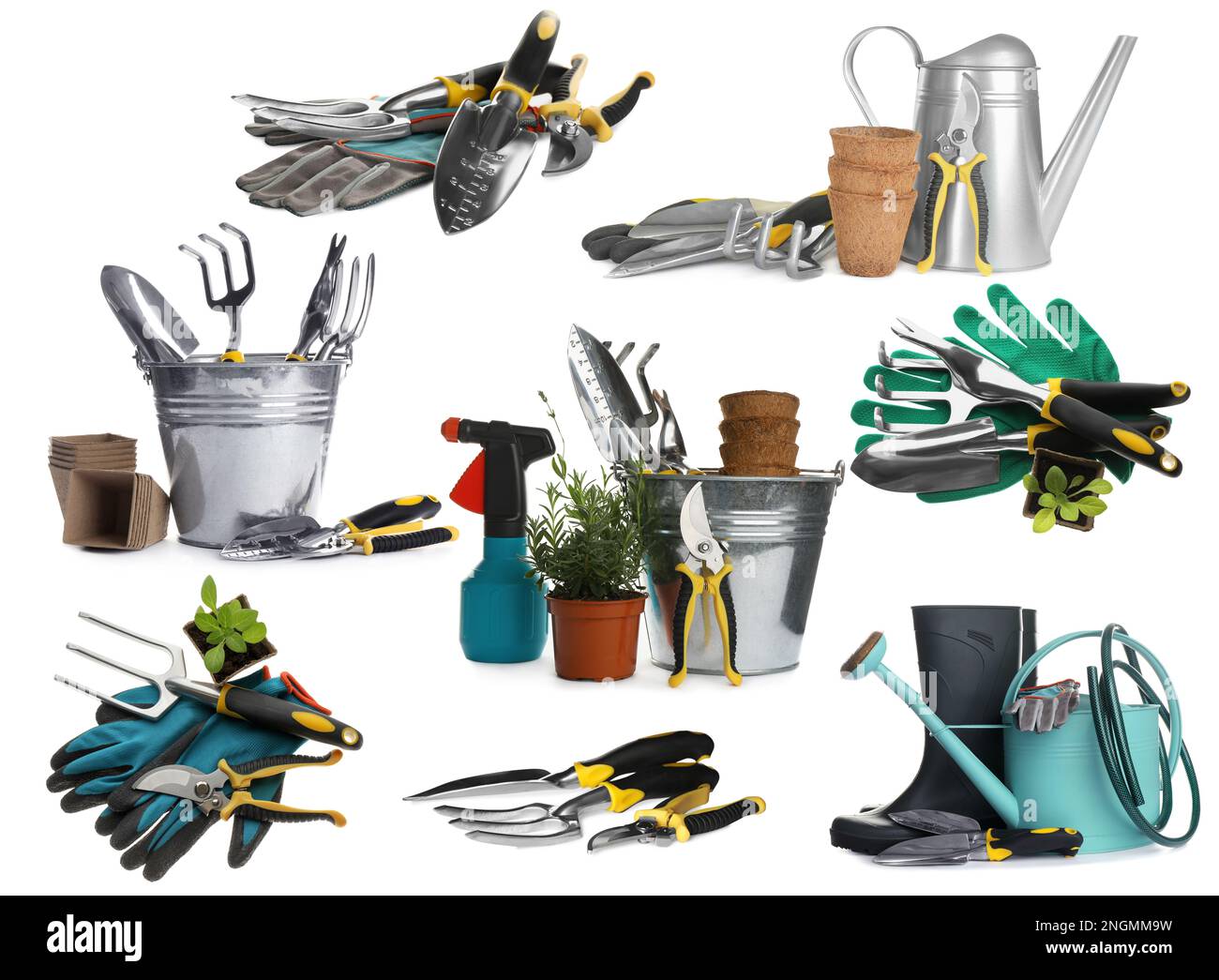 Set of different gardening tools on white background Stock Photo - Alamy
