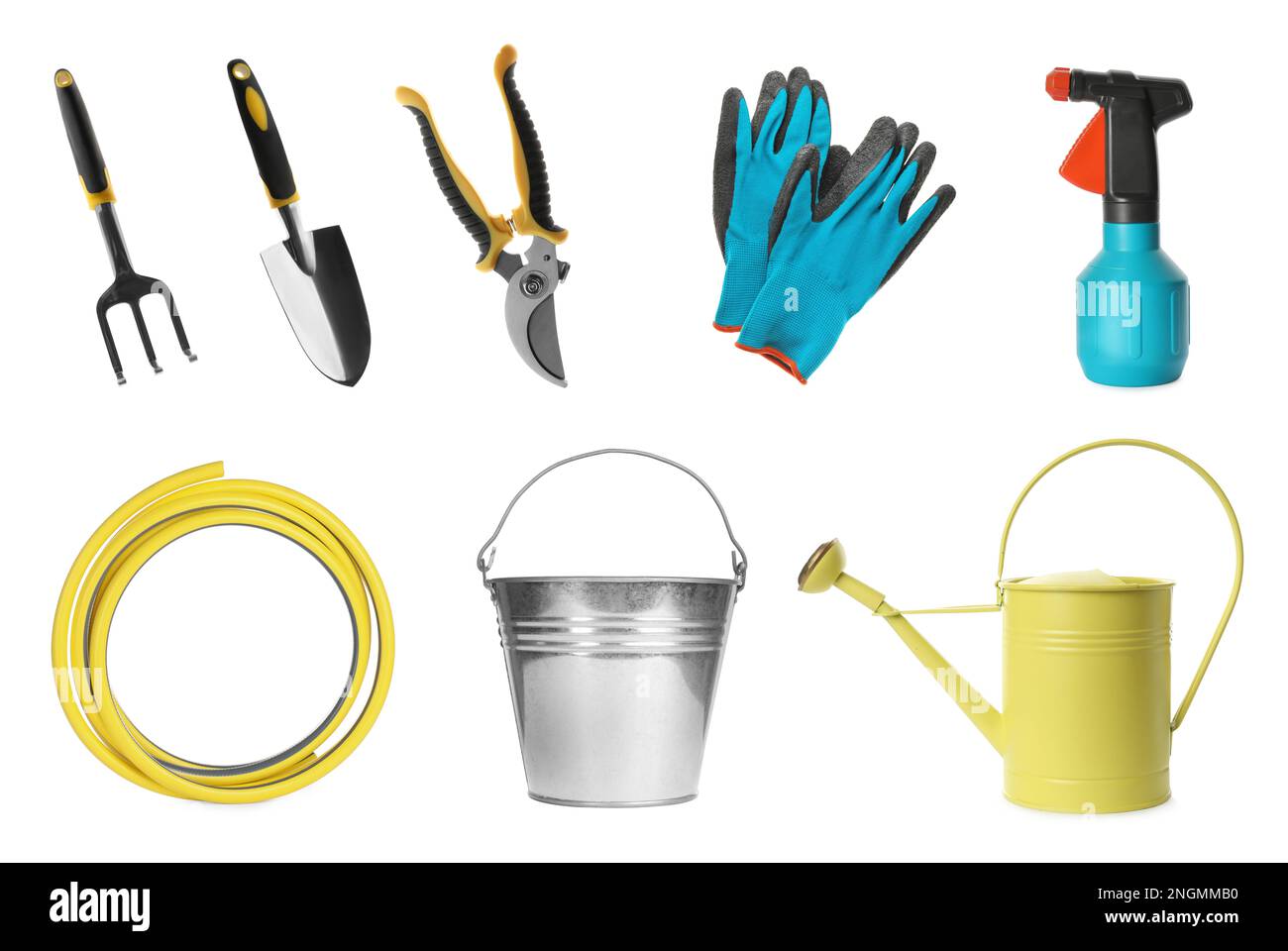 Set with different gardening tools on white background Stock Photo - Alamy