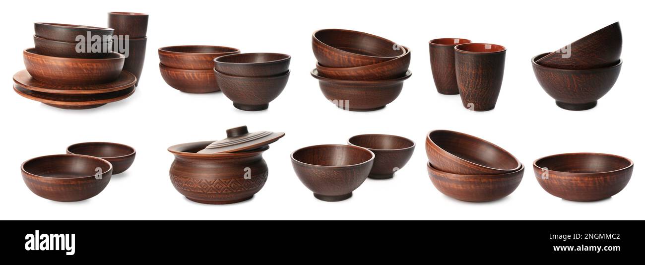 Set with stylish clay dishes on white background. Banner design Stock ...