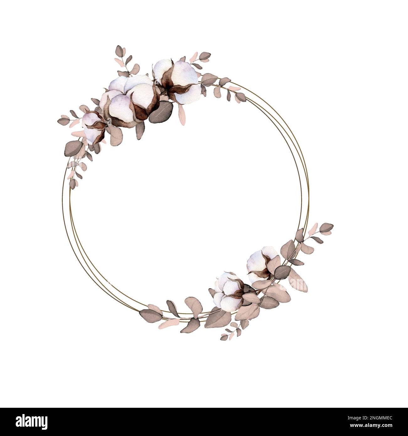 Watercolor boho floral wreath. Bohemian natural frame: cotton flowers ...