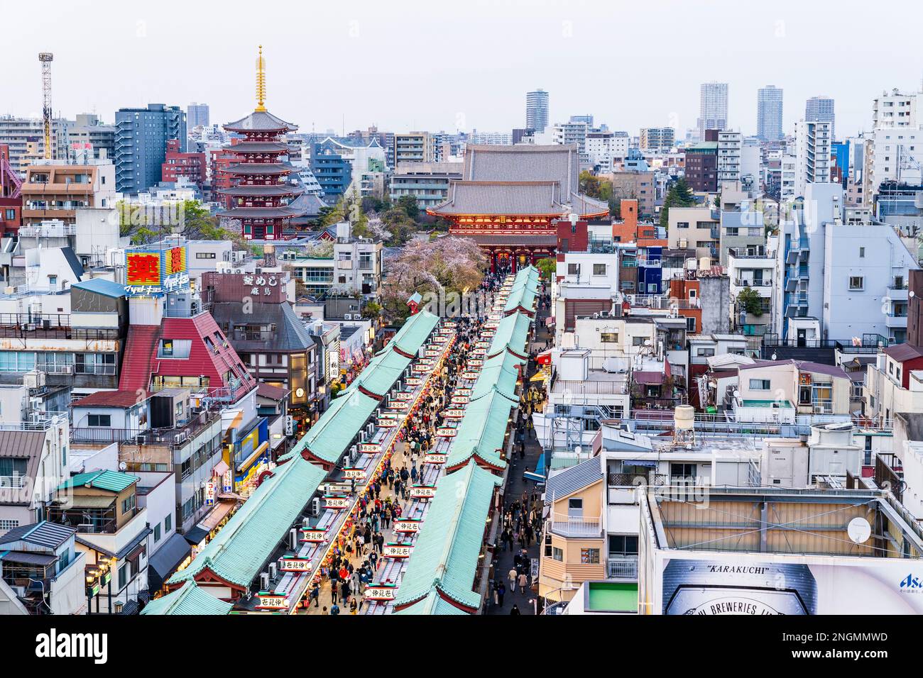 Tokyo. Asakusa shrine and Sensoji temple and pagoda at end of the ...