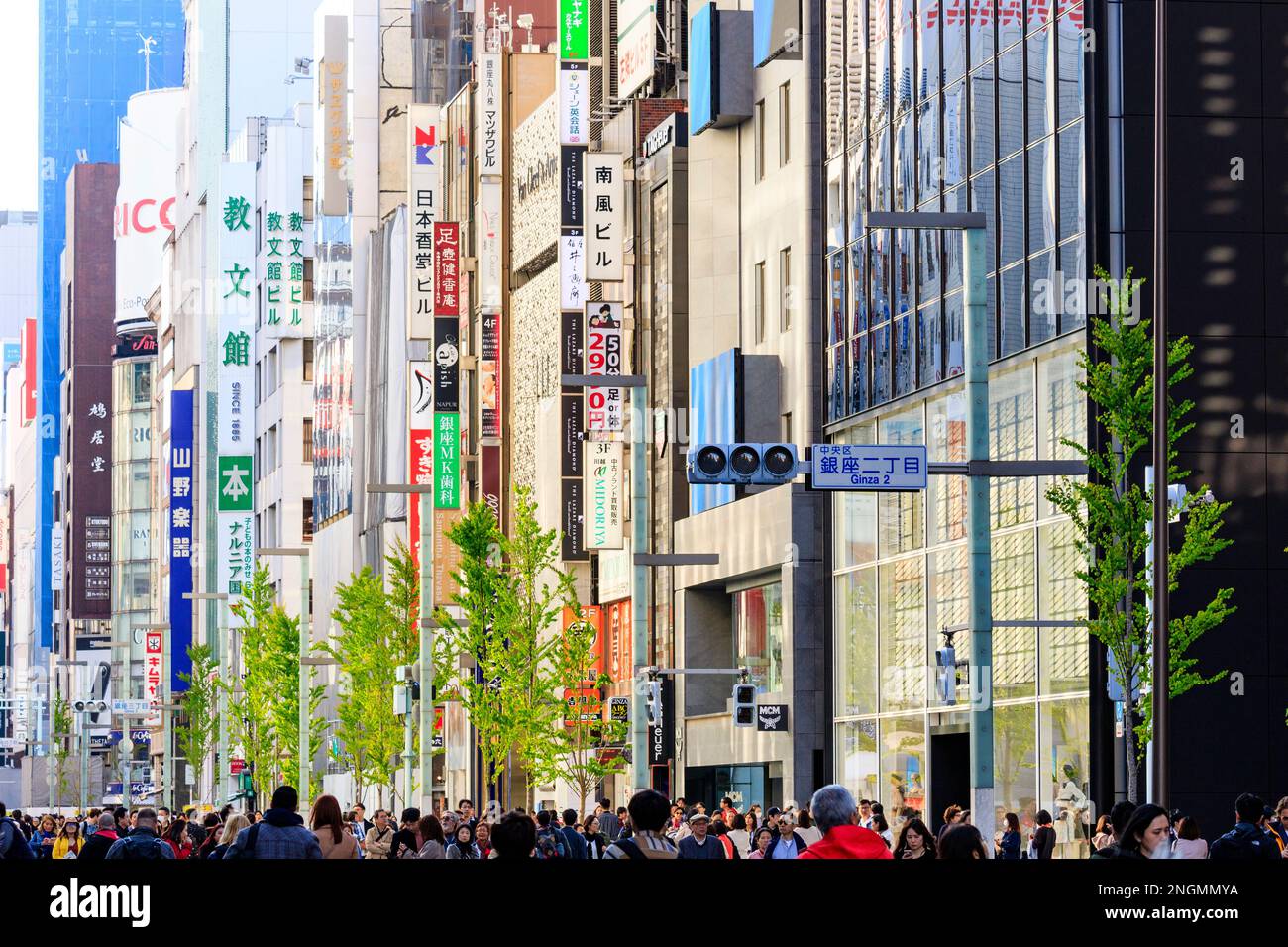Compressed perspective view along the Ginza in Tokyo. Various store ...