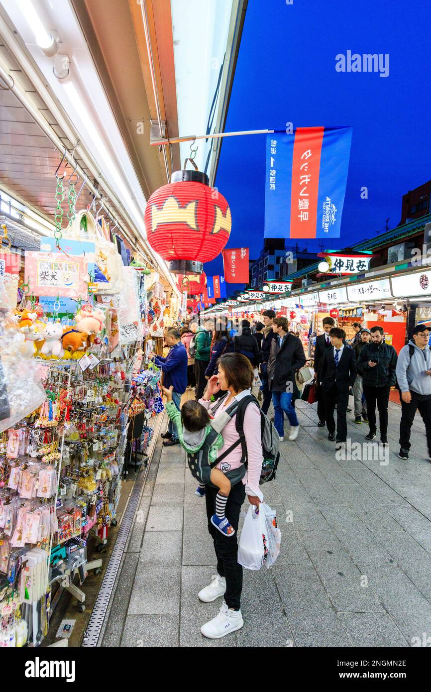 Tokyo, Asakusa shrine and Sensoji temple. Nakamise shopping street with ...