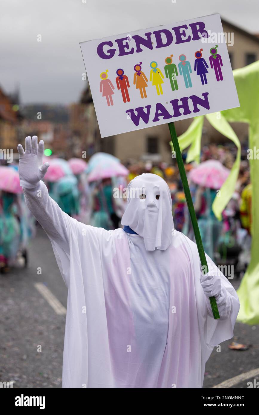 Wasungen, Germany. 18th Feb, 2023. A jester takes gender mania as his ...