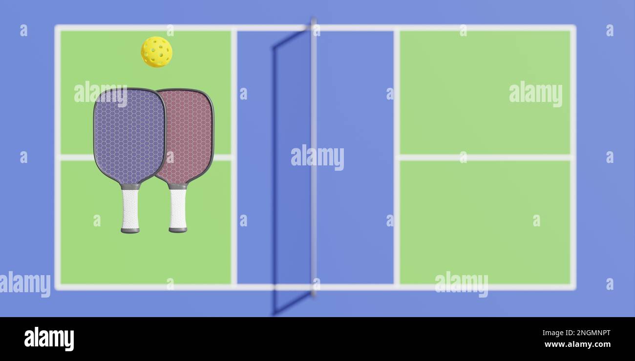 Pickleball racket and ball over the sports field. Banner copy space top ...